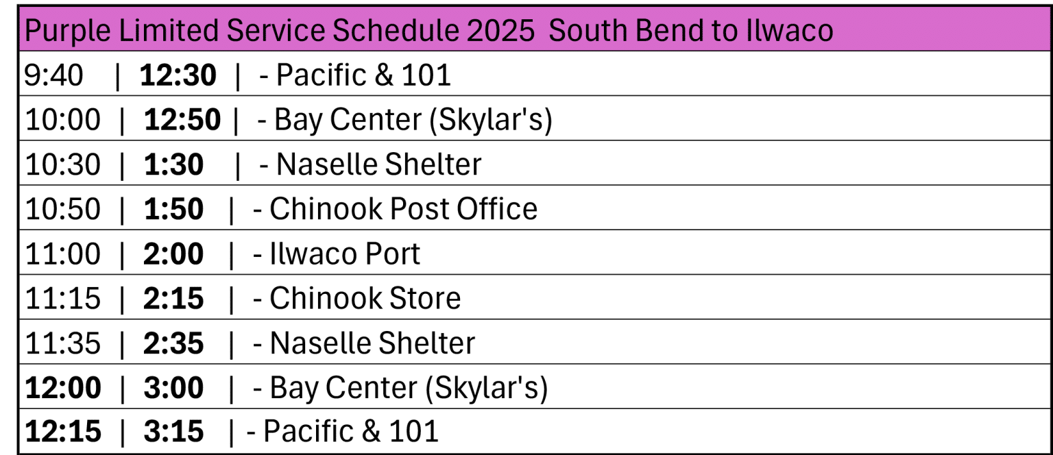 Limited Service Schedule – Pacific Transit